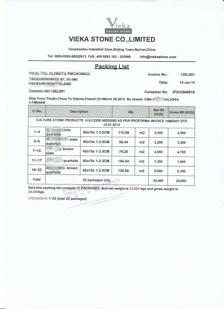 packing list - VIEKA - Natural Culture Stone, Slate Stacked Stone ...
